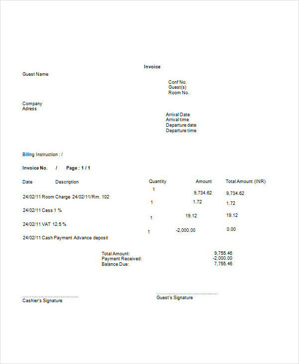 Hotel Room Invoice - Invoice Template