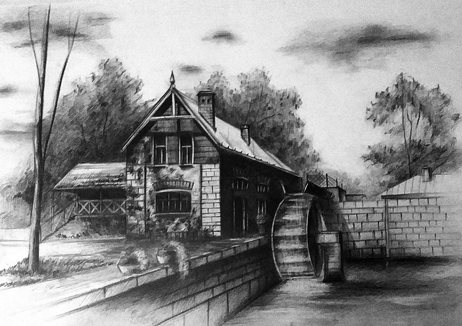 Watermill - pencil drawing