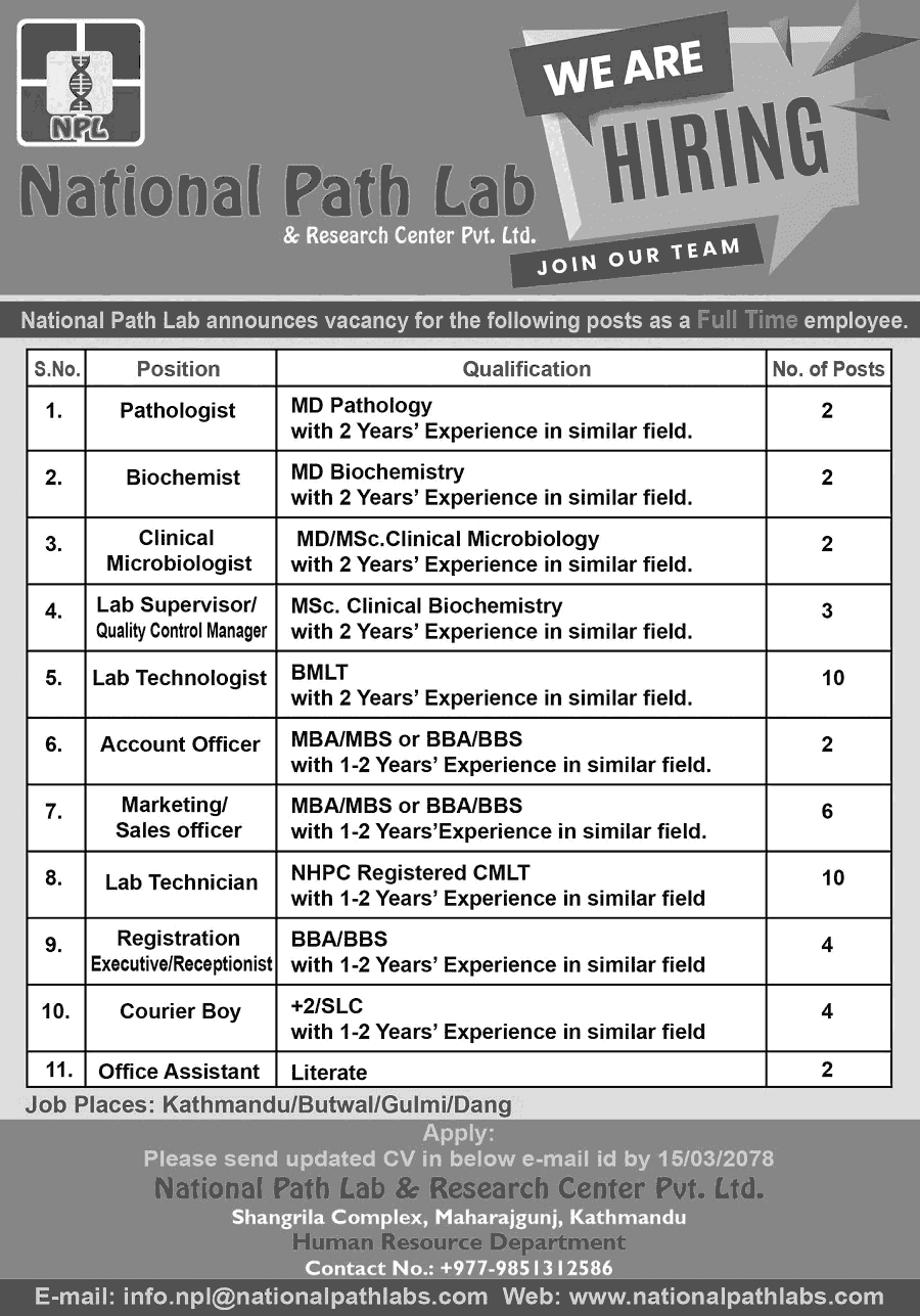 National Path Lab Job Vacancy for Various Positions | Chetan TM