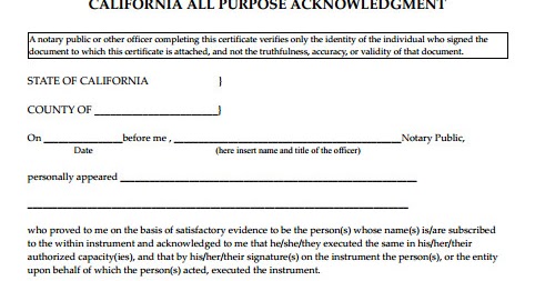 Mobile Notary Business: California All Purpose Acknowledgment certificate.