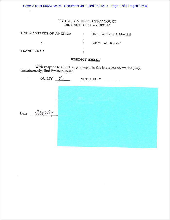 Raia Trial Minutes, Verdict Sheet (COURT DOCUMENTS)