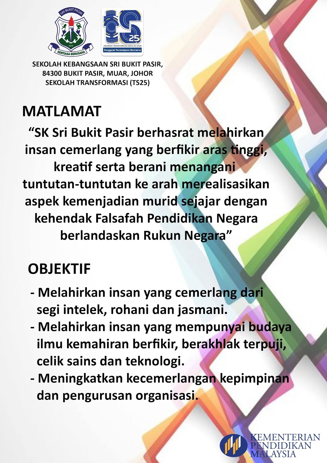 SK Sri Bukit Pasir: MATLAMAT DAN OBJEKTIF