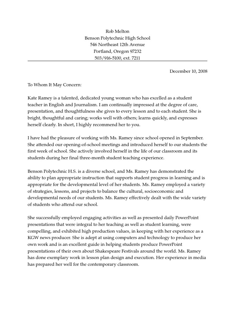 Letter Of Recommendation For Student Teacher From Cooperating Teacher ...