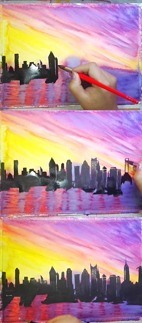How to draw watercolor city sunset tutorial - HiArt