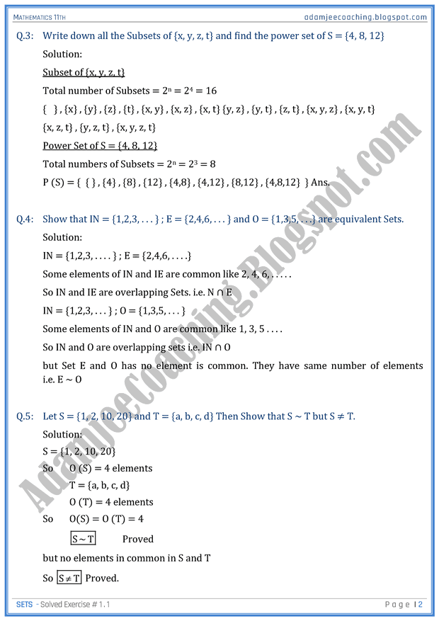 Adamjee Coaching: Sets - Exercise 1.1 - Mathematics 11th
