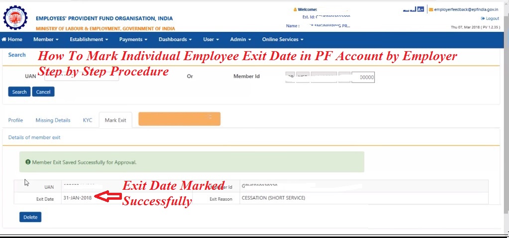 How To Mark Individual Employee Exit Date in PF Account by Employer ...
