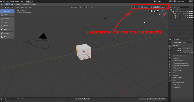 Blender-4d: La barre de menus Overlays et Shading