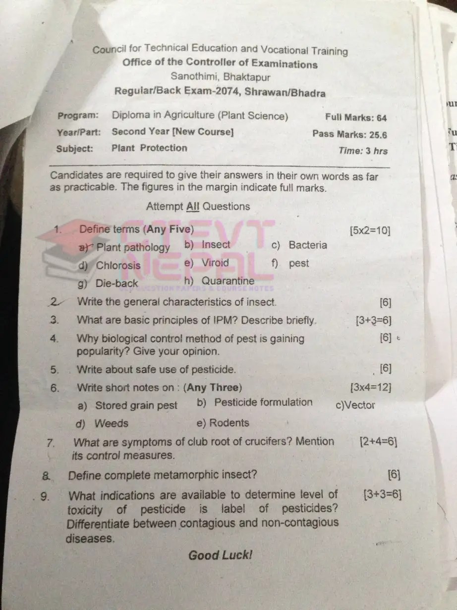 Plant Protection - 2nd Year Question Papers CTEVT | Diploma in ...