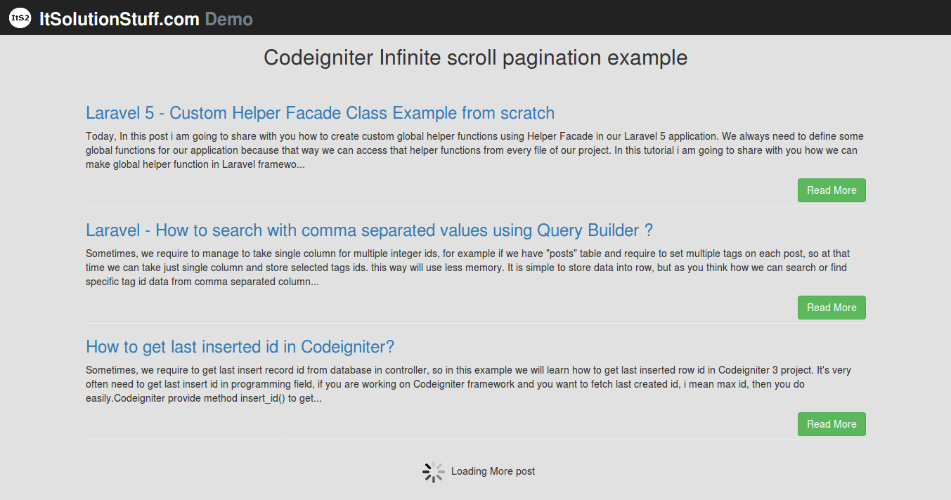 PHP Codeigniter Ajax Infinite Scroll Pagination Example PHP Codeigniter Ajax Infinite Scroll Pagination Example