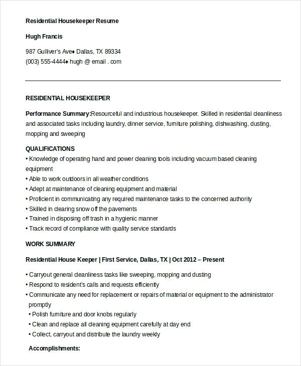 Resume examples housekeeping hospital Jobs - Resume Templates