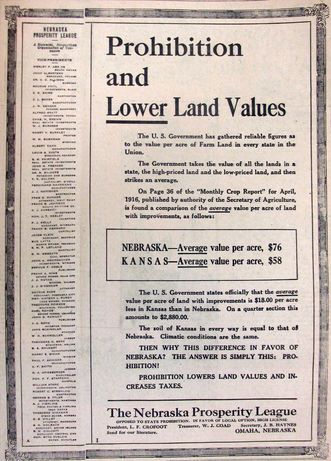 Sutton Nebraska Museum: 1916 Anti-Prohibiton ad in Clay County,