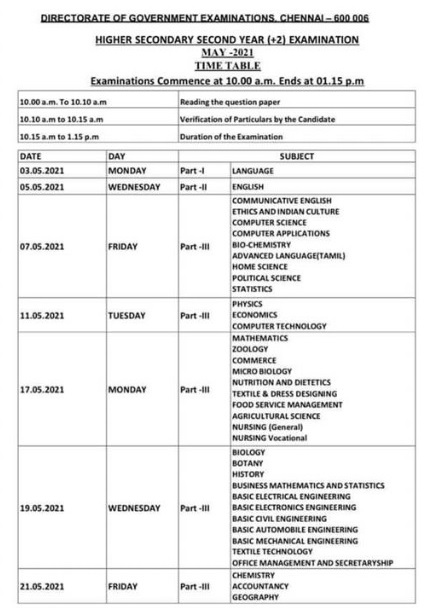 12th Exam Time Table 2021-12th Public Exam Time Table 2021 Published ...