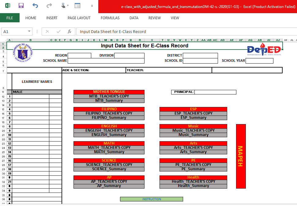 Revised E-Class Record Inclined to DepEd Memorandum No. 42 s. 2020