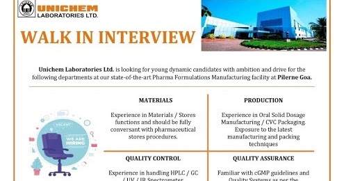 UDYOG ADDA: UNICHEM WALK IN INTERVIEW 26/01/2020 FOR PHARMA LIFE SCIENCE MULTIPLE POSITIONS