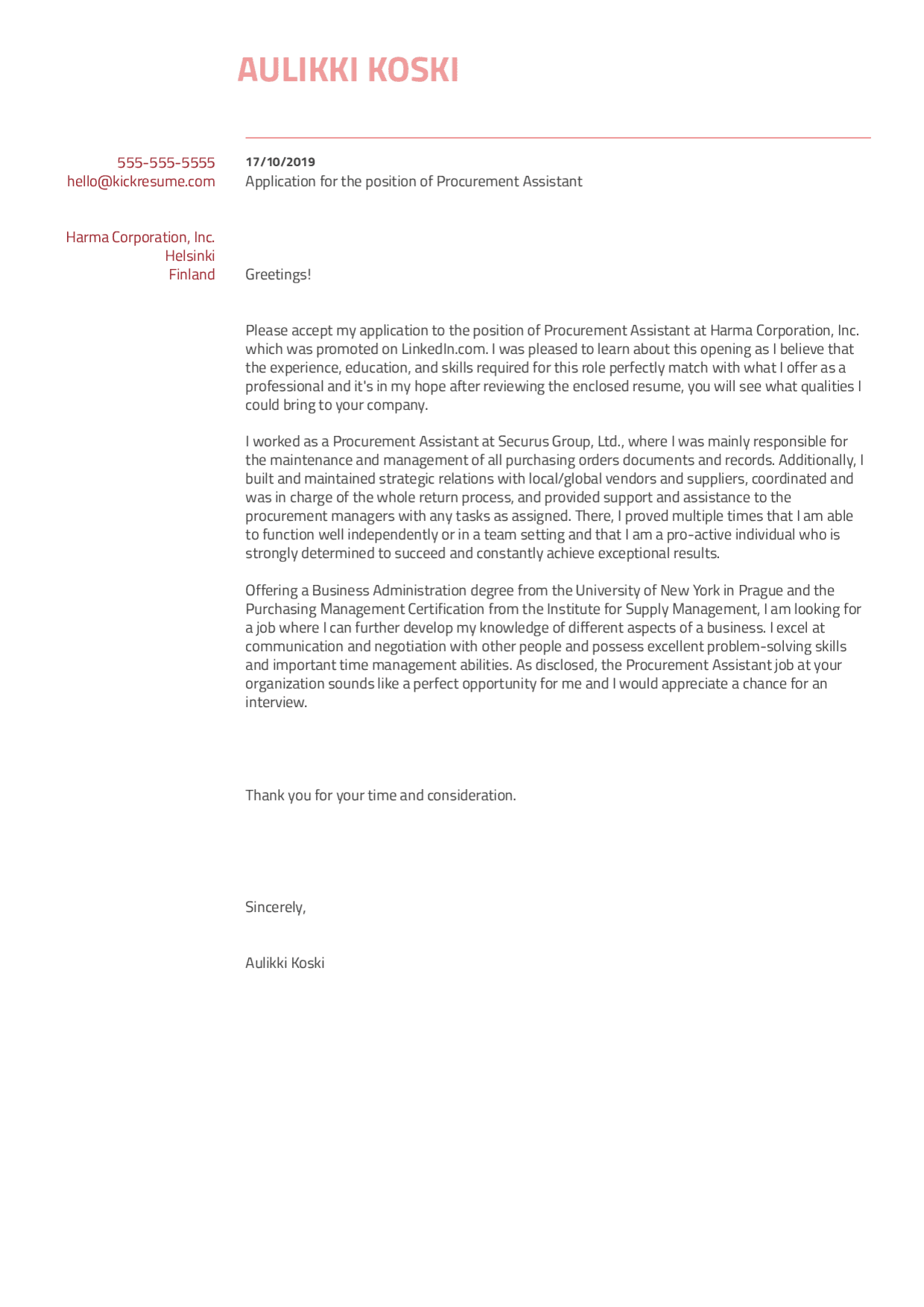 Procurement Administrator Cover Letter - Cover Letter