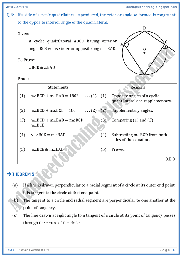 Adamjee Coaching: Circle - Exercise 13.3 - Mathematics 10th