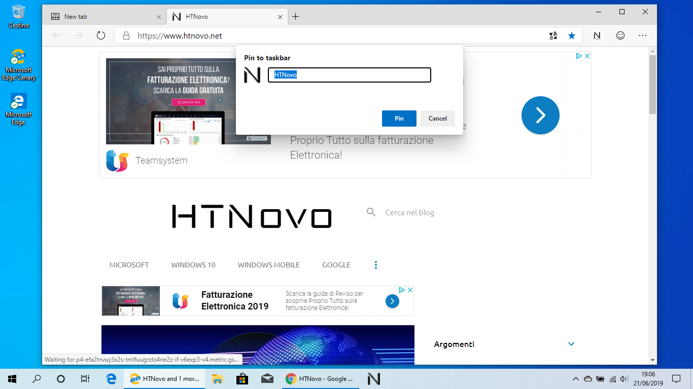 Microsoft Edge Chromium-based consente di pinnare rapidamente siti alla ...