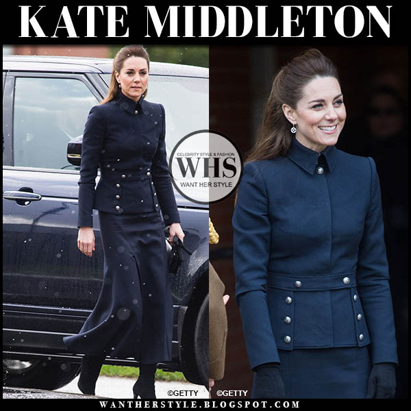 Kate Middleton in navy military style jacket and midi skirt on February ...