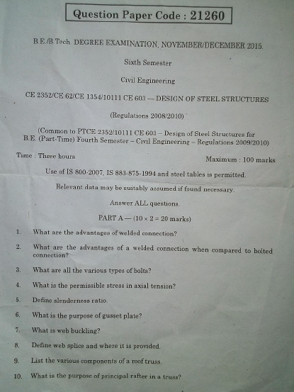 CE2352 Design of Steel Structures November December 2015 Question Paper ...