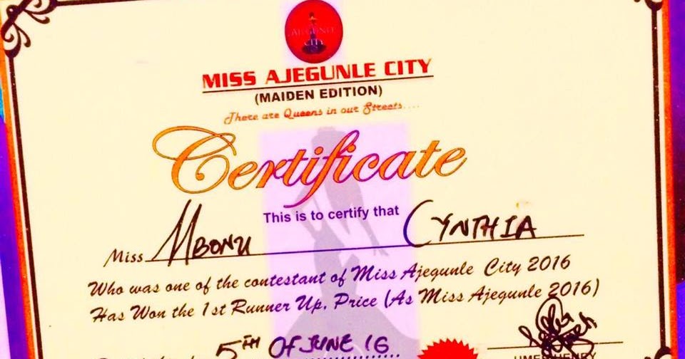 FIRST RUNNER UP WINNER CERTIFICATE PRESENTED TO MISS CYNTHIA MBONU