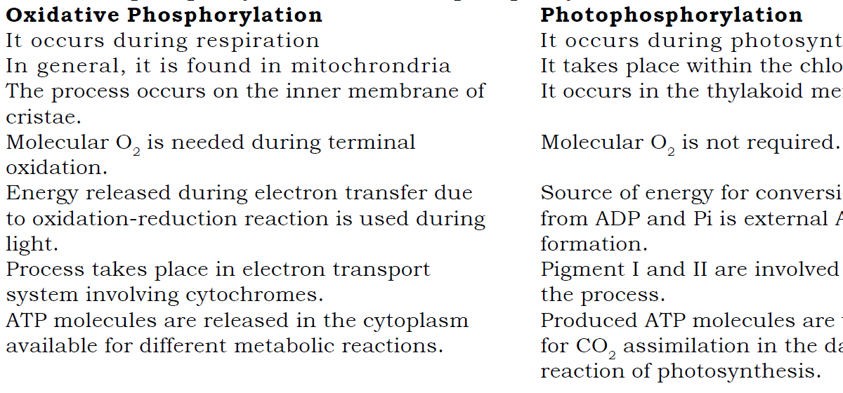 Difference between oxidative phosphorylation and Photophosphorylation: