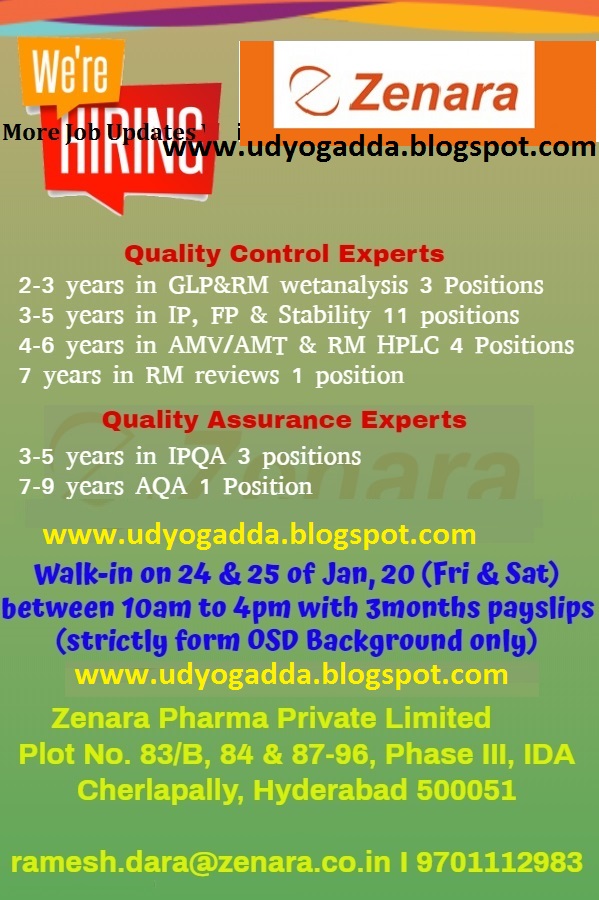 UDYOG ADDA: Zenara Pharma Pvt. Ltd - Hyderabad Walk-In Interview for Multiple Positions - QC ...