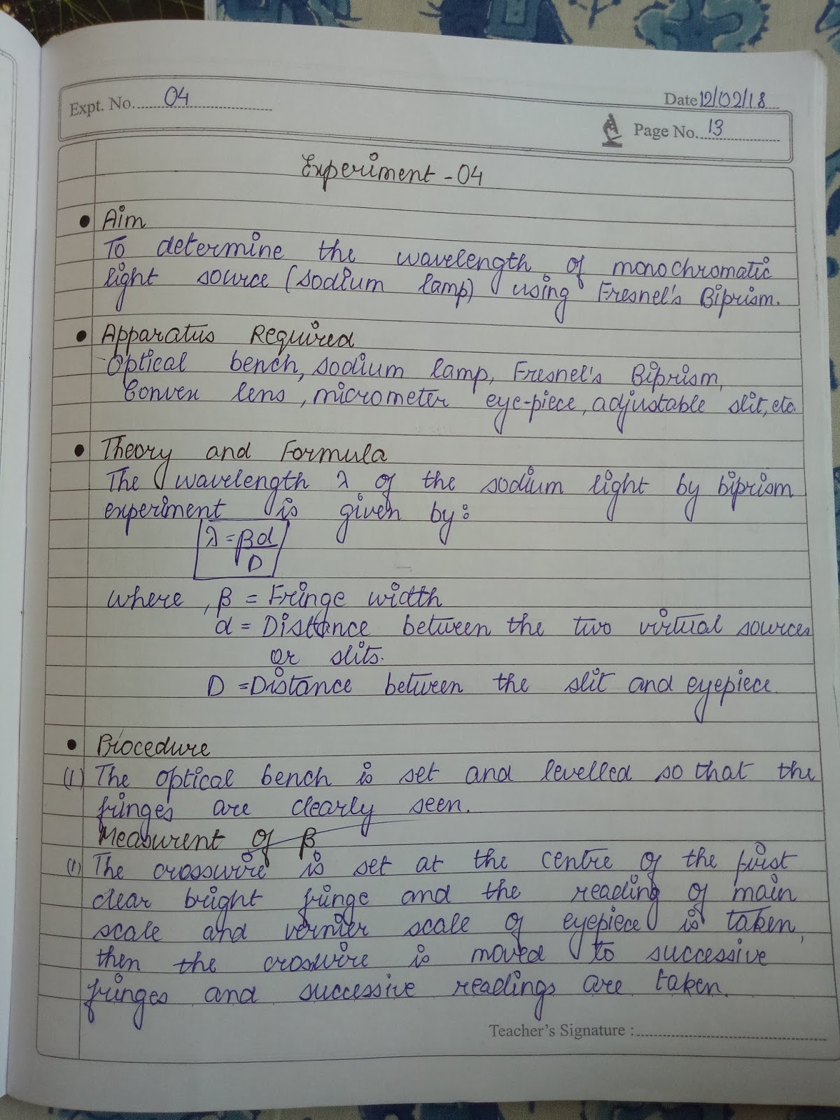 Wavelength using Fresnel's Bi-prism.