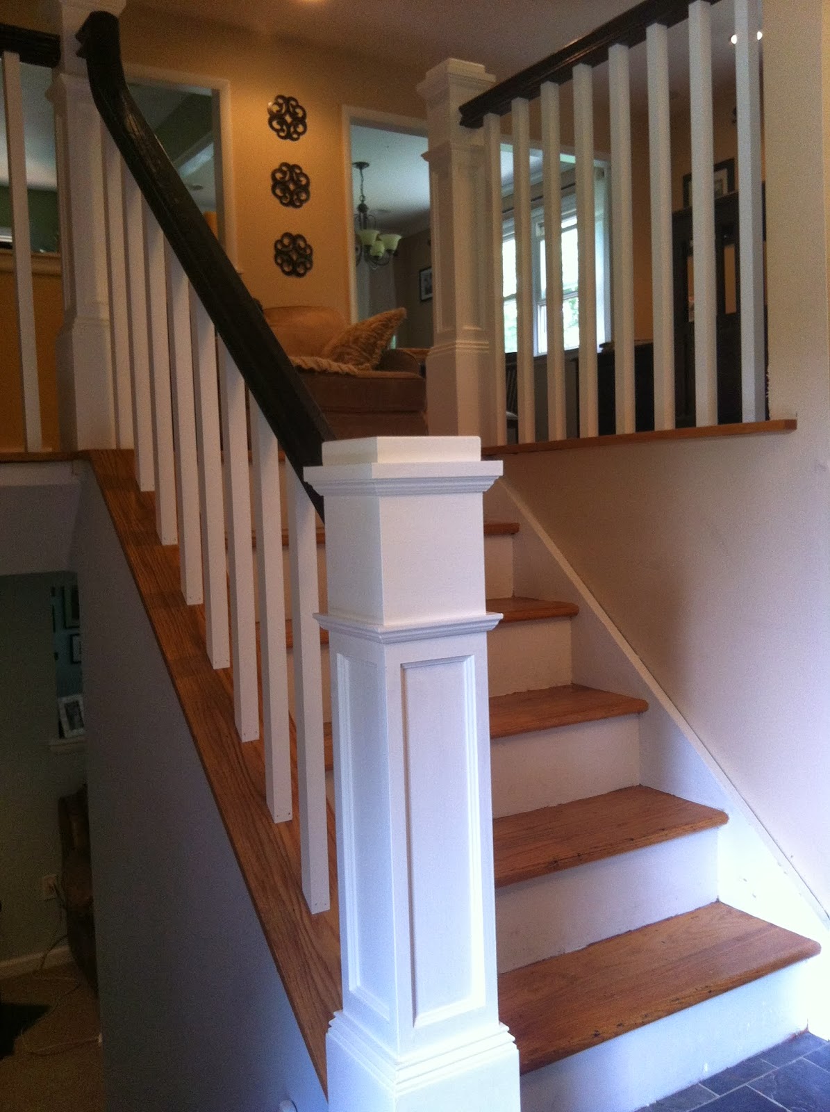 Wood Stairs and Rails and Iron Balusters: New Box Newels and Handrail ...