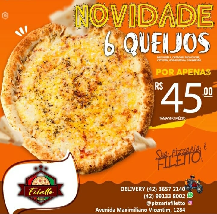 Tem novidade na Pizzaria Filetto; Pizza seis queijos por apenas R$ 45 ...