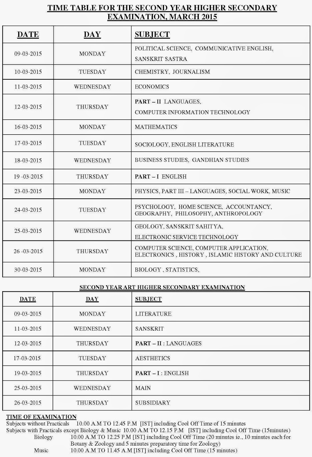 Timetable Second Year Higher Secondary Examination March 2015 | Edu ...