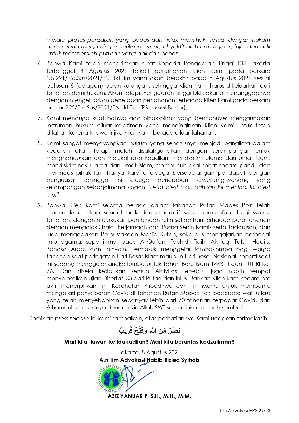 Press Release TA IB HRS Tentang Penetapan Penahanan HRS Oleh Pengadilan ... Press Release TA IB HRS Tentang Penetapan Penahanan HRS Oleh Pengadilan ...