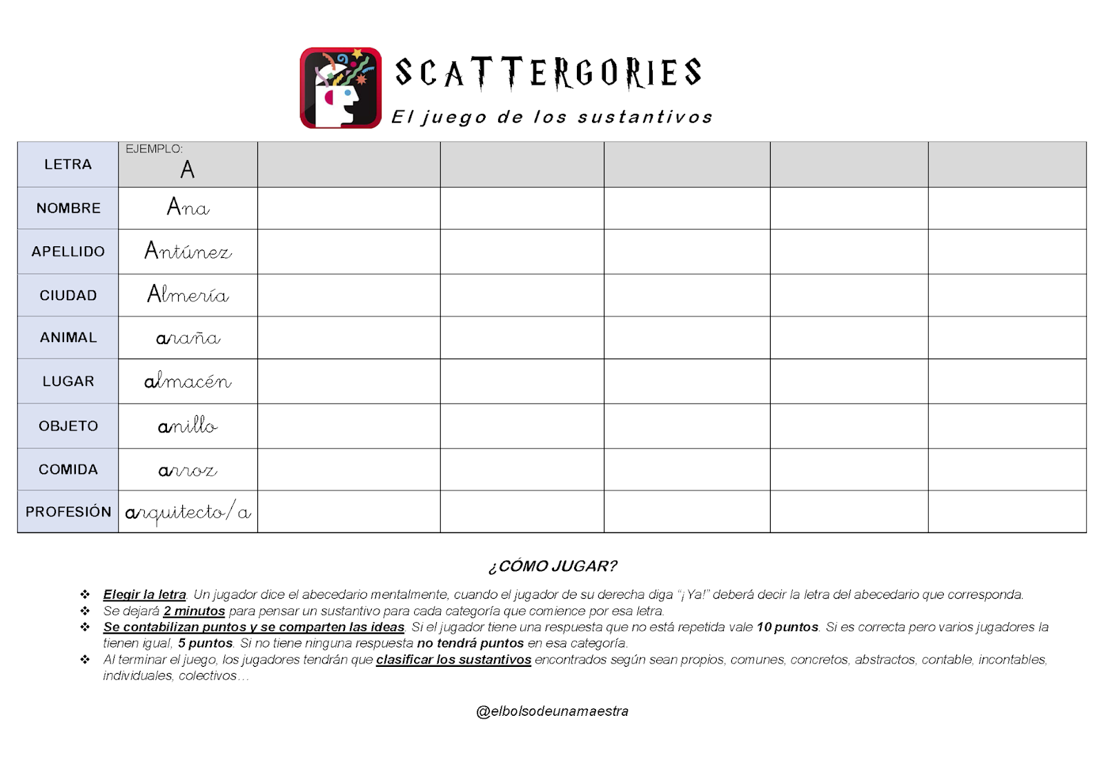 Scattergories: El juego de los sustantivos - El bolso de una maestra