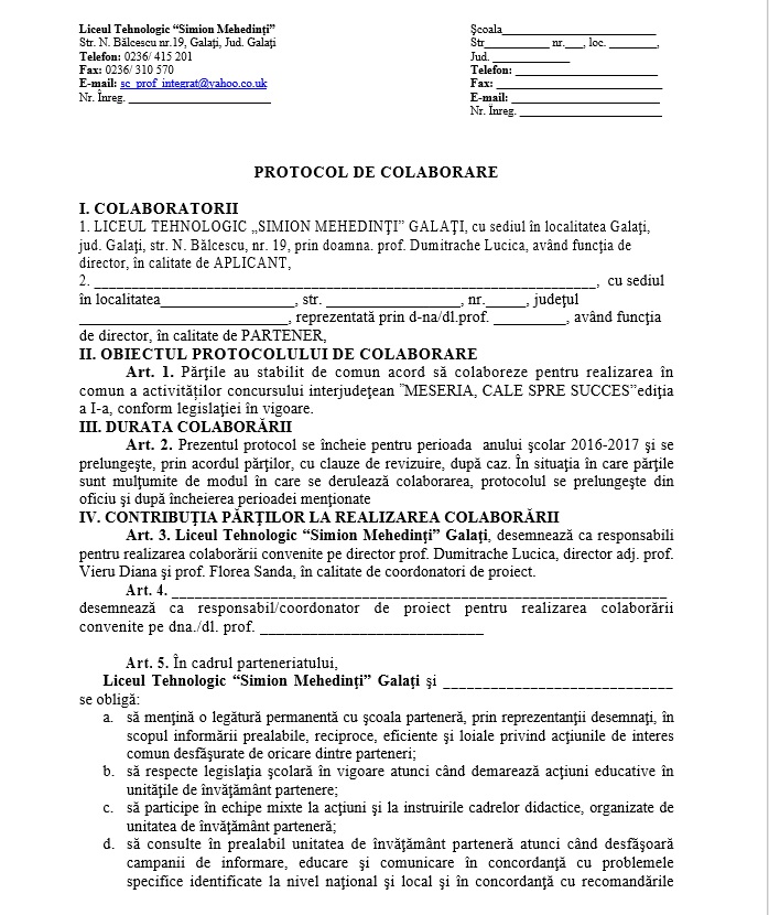 Meseria - cale spre succes: PROTOCOL DE COLABORARE