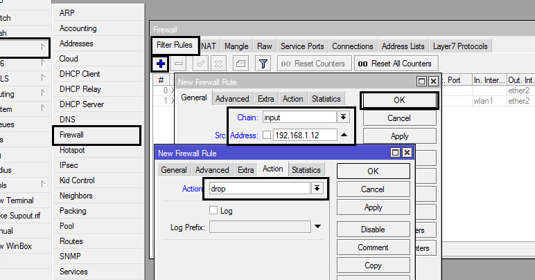 Teknik Komputer dan Jaringan: Lab 4 MTCNA Firewall (strategi firewall 1 (drop view accept any))