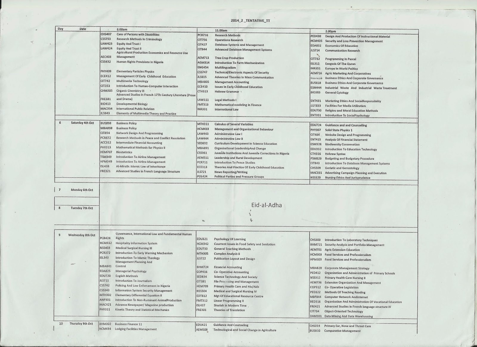 SEPTEMBER 2014 EXAMINATION TIME TABLES (POP & E-EXAM). | National Open ...