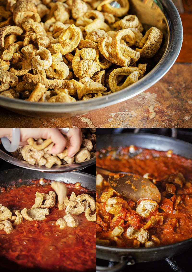 Chicharrones en Salsa Roja (pork rinds in red chili sauce)
