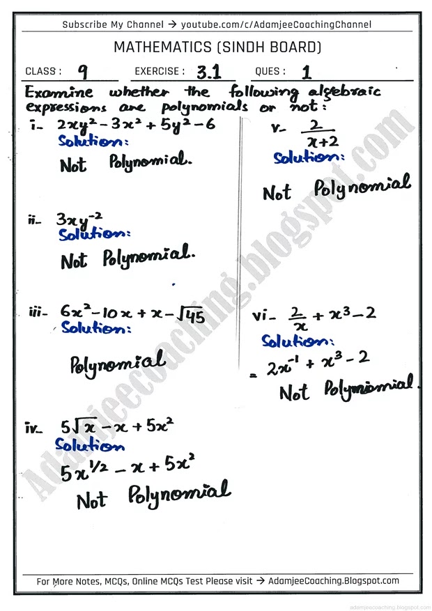 Adamjee Coaching: Algebraic Expression and Formulas - Exercise 3.1 ...