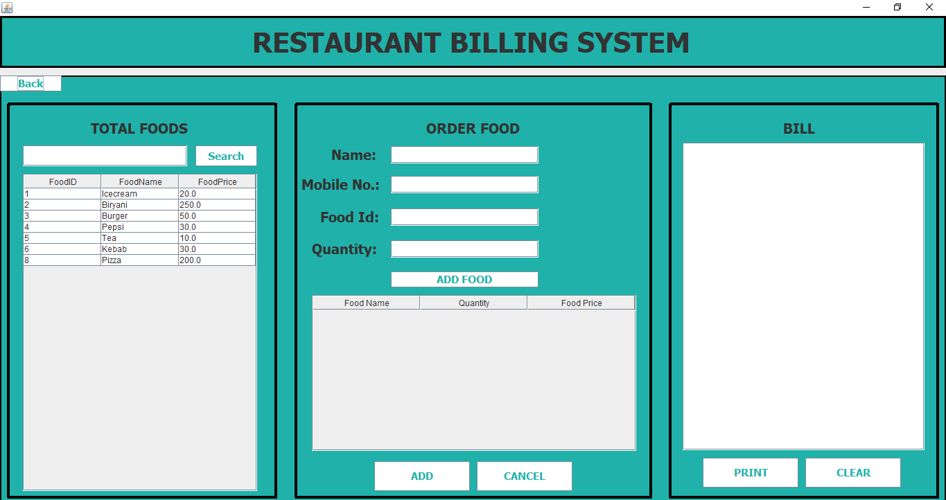 Restaurant Billing System Project using Java & MySQL