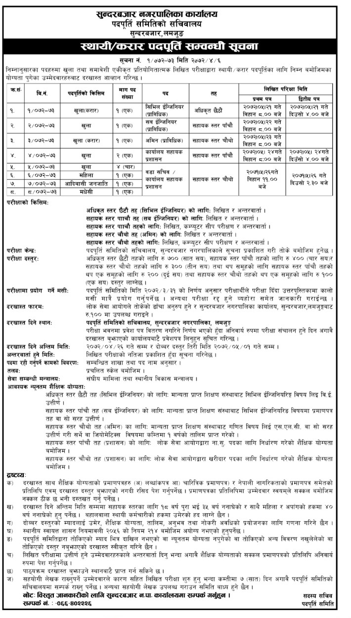 Vacancy in Sundarbazar Municipality | Vacancy in Nepal