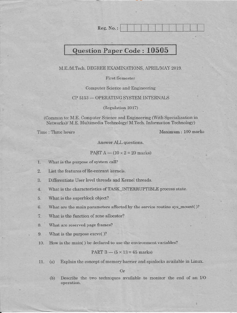 Anna University CP 5153-OPERATING SYSTEM INTERNALS APRIL MAY 2019 ...