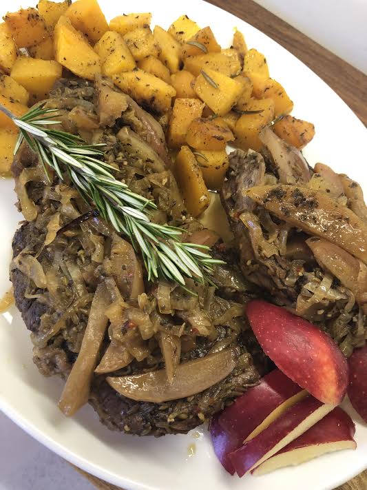 Redhead Says: FALL POT ROAST WITH ROASTED APPLES AND HARD APPLE CIDER.