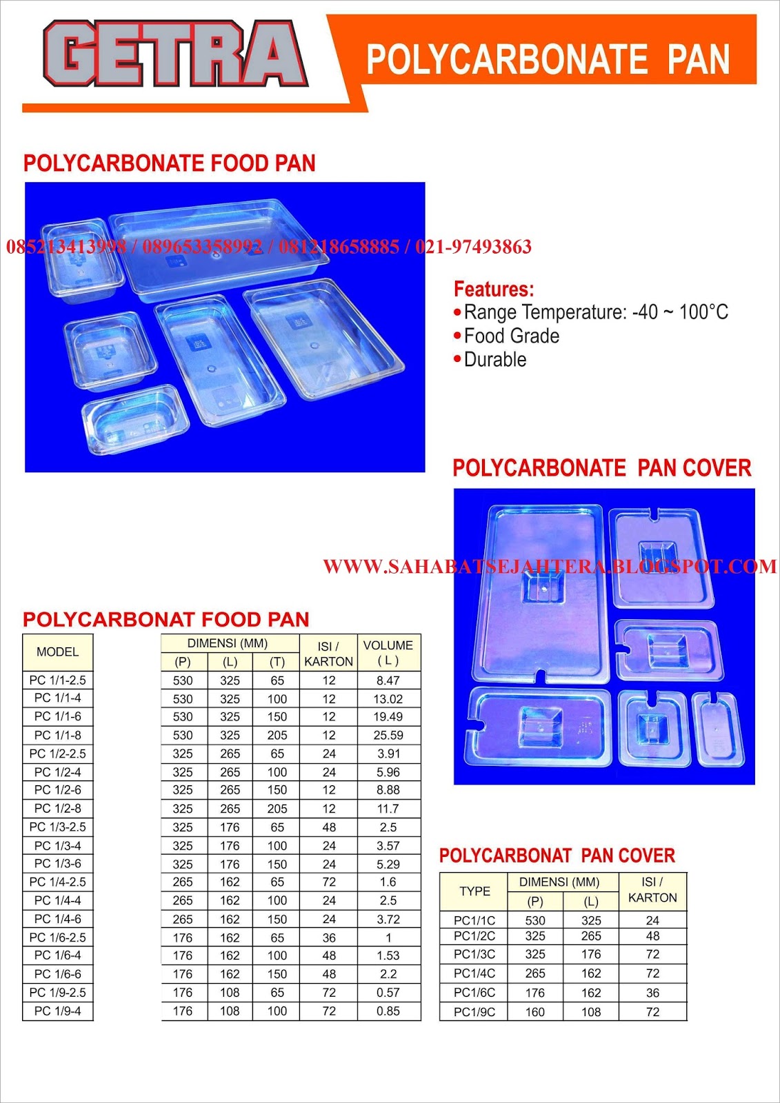 POLYCARBONATE FOOD PAN / POLYCARBONATE PAN COVER - Toko Alat Madiun