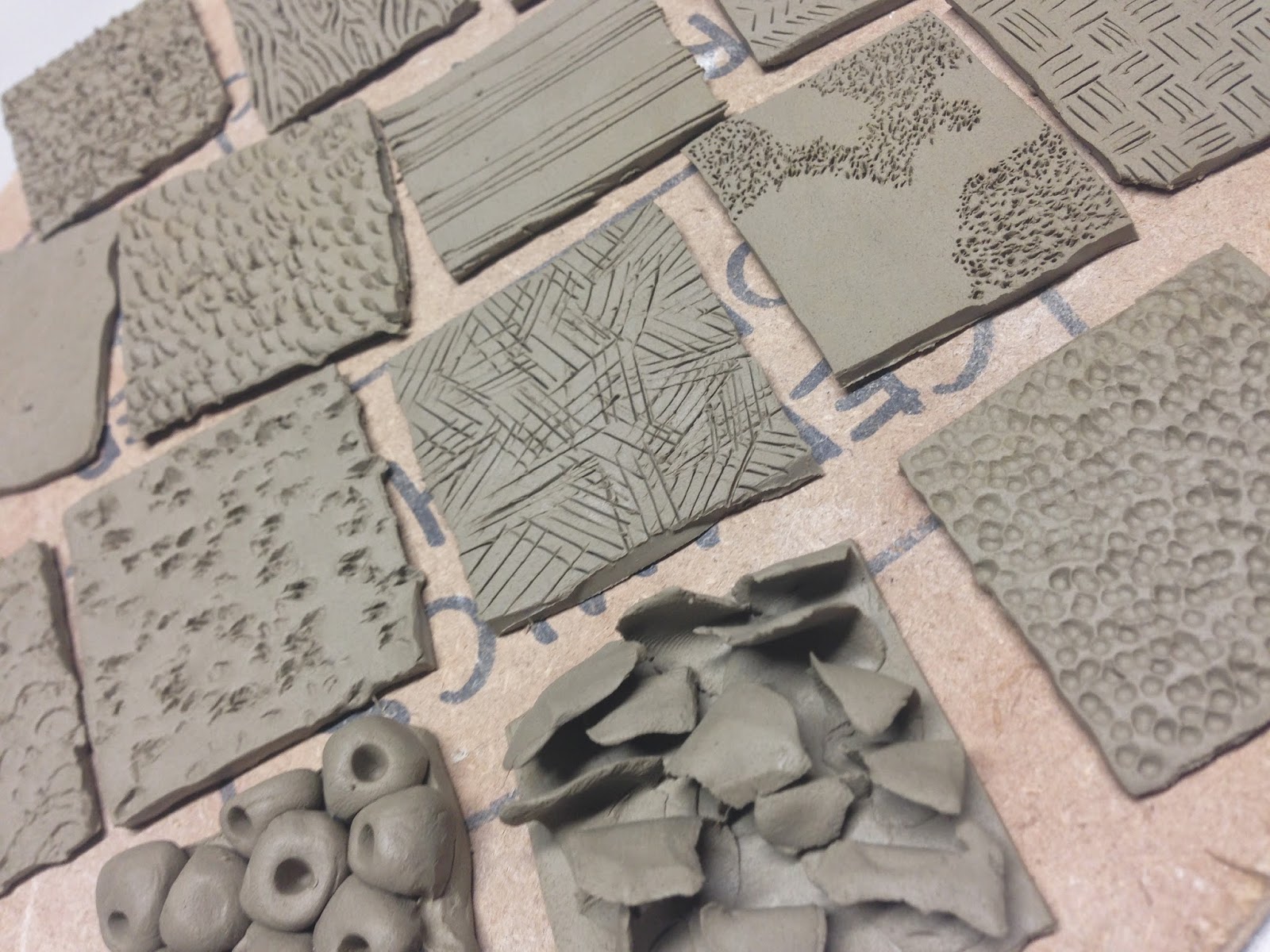 six weeks of shells: mark making tiles.
