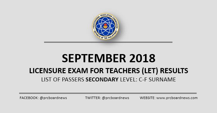 C-F Passers: September 2018 LET Result Secondary - PRC Board News