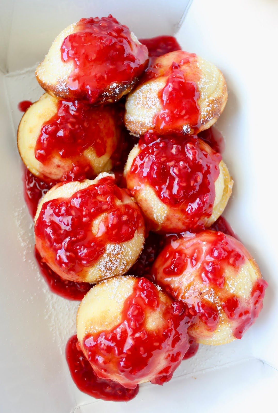 Cream Cheese Filled Ebelskivers with Fresh Raspberry Sauce