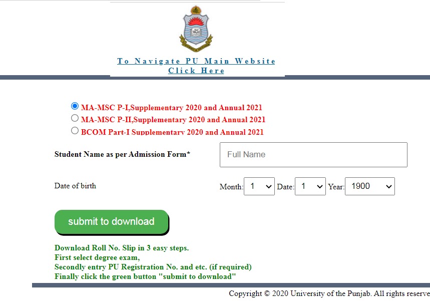 Download PU Roll Number Slip of MA MSc Part 1 and 2 Annual Exams 2022 ...
