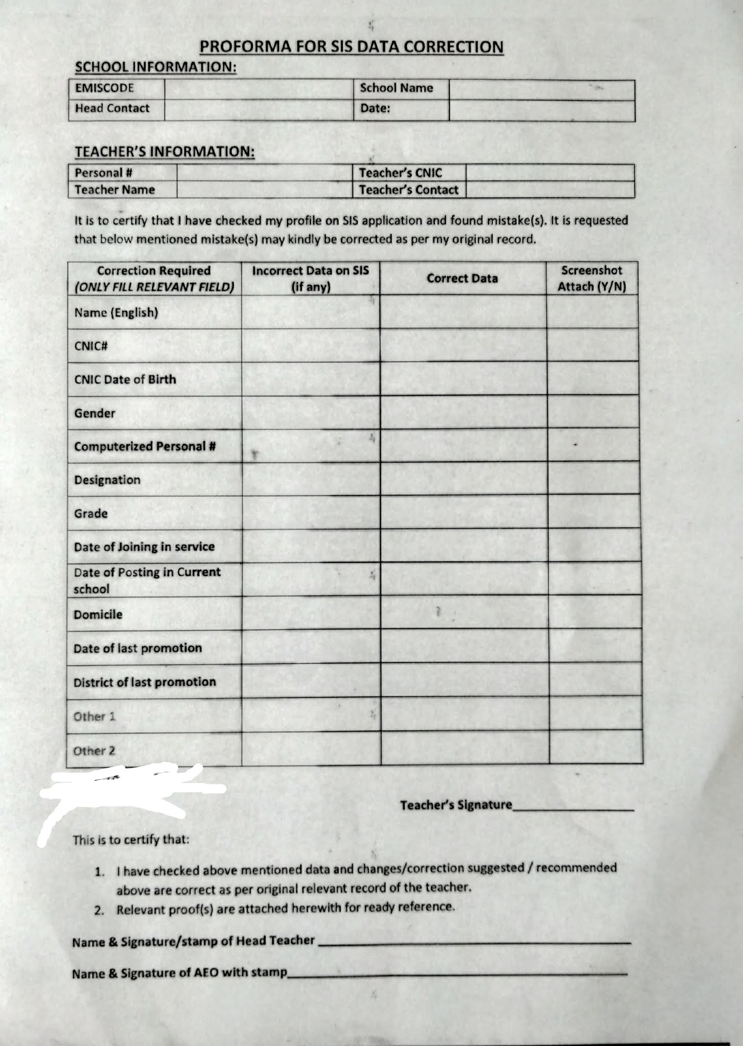 STUDY TIME LEARNING: Proforma for SIS Data Correction