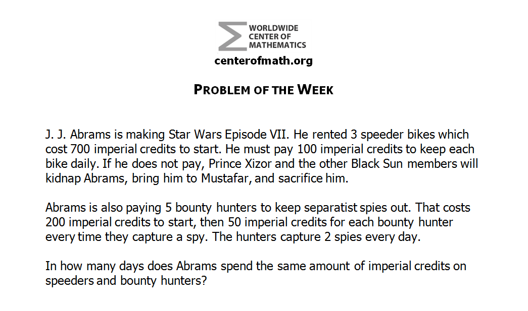 The Center of Math Blog: Problem of the Week: Star Wars