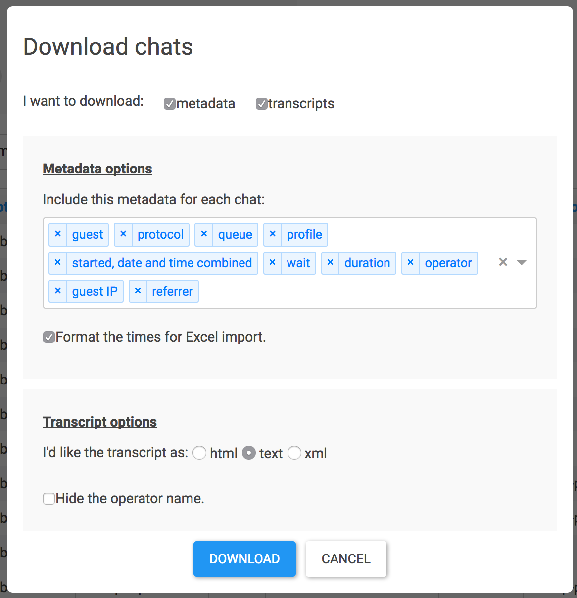 More options when downloading chat metadata and transcripts