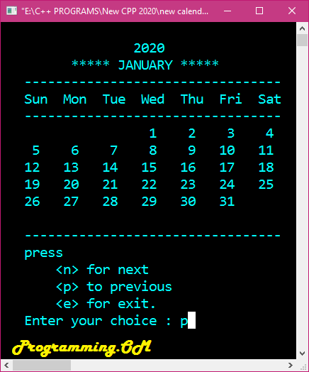 Display month of any given year using c and c++